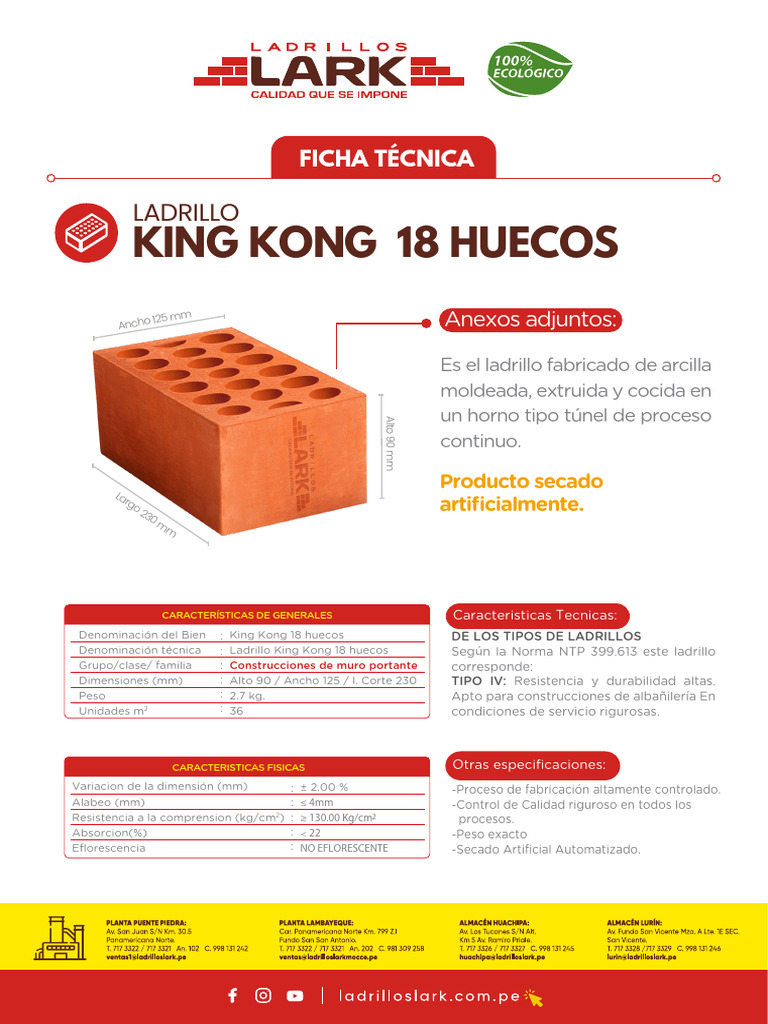 Ficha Tecnica - Ladrillos - Lark King Kong 18 Huecos | PDF