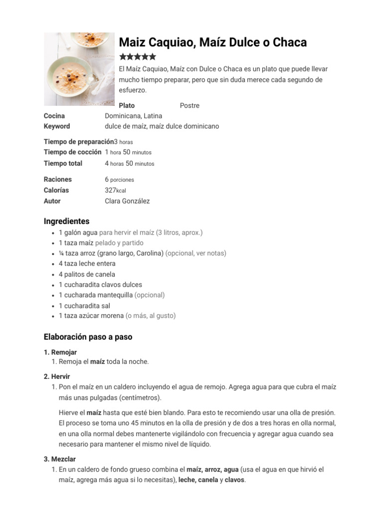 Maiz Caquiao, Maíz Dulce o Chaca - Cocina Dominicana | PDF