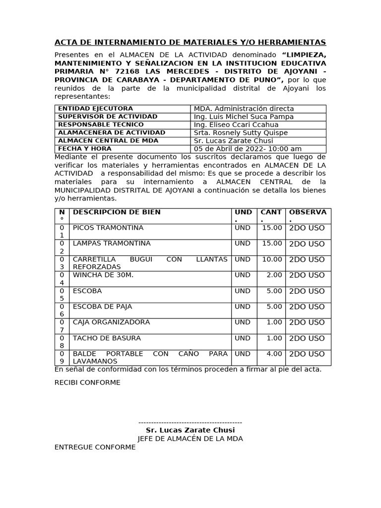Acta de Internamiento de Materiales y Herramientas A Medio Uso | PDF