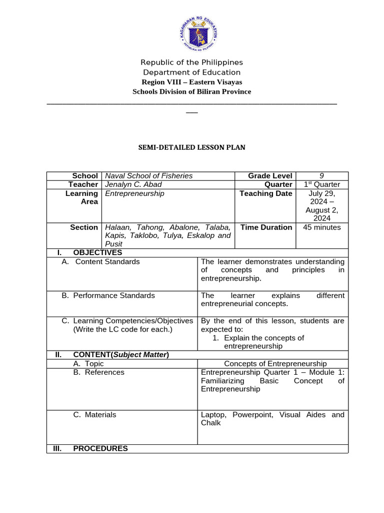 Semi-Detailed Lesson Plan in Entrep | PDF