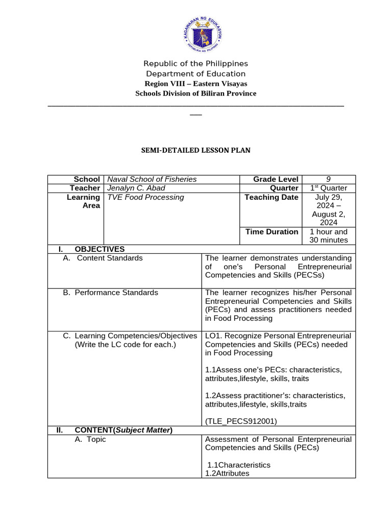 Semi-Detailed Lesson Plan in TVE 9 FoP | PDF