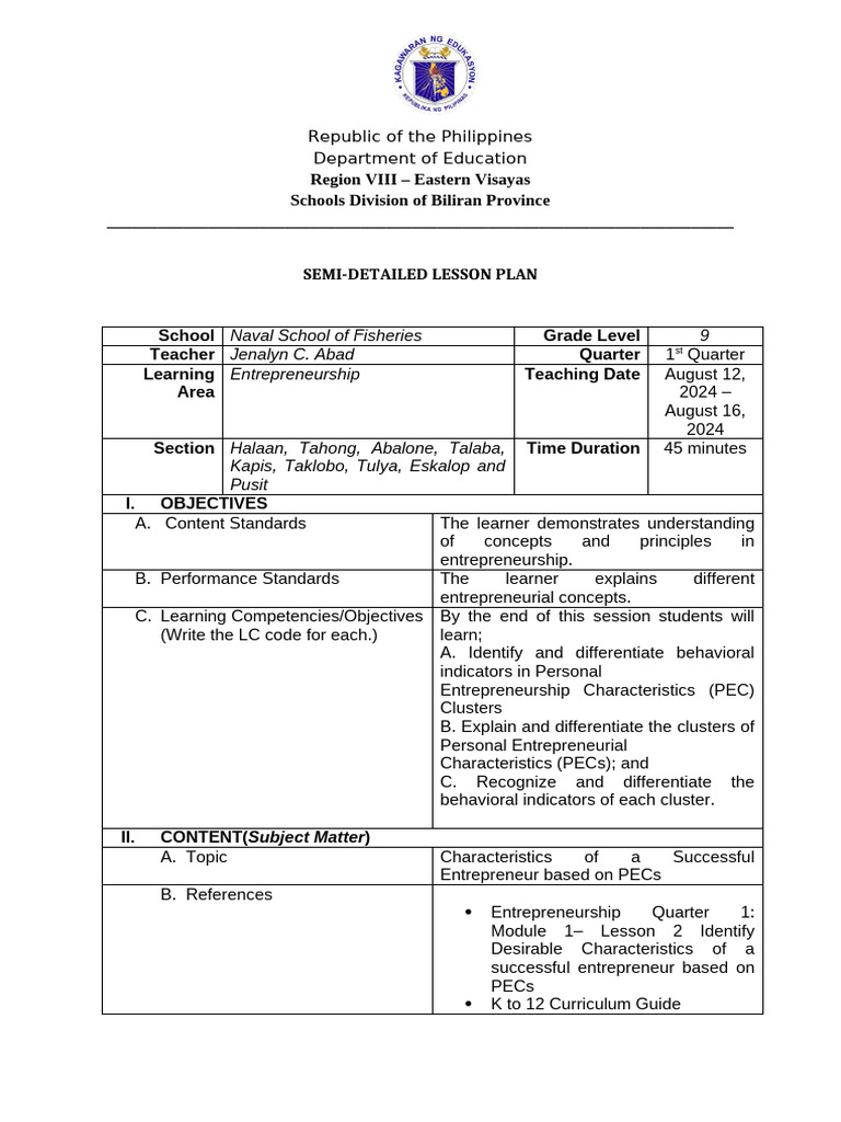 Semi-Detailed Lesson Plan in Entrep - (3rd week) | PDF