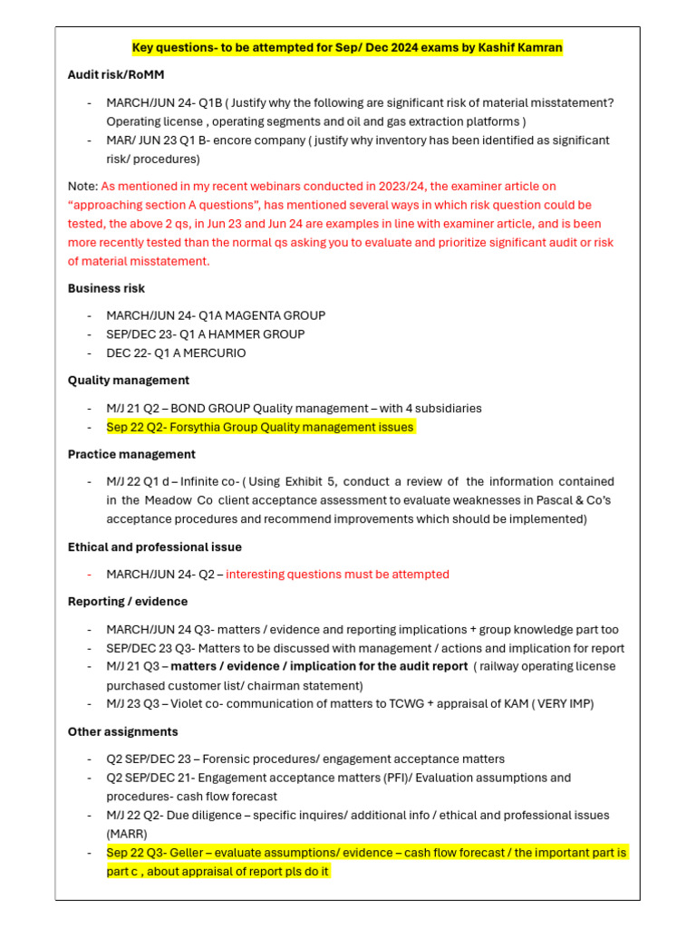 22 Key Qs For AAA Sep and Dec 24 Exams | PDF