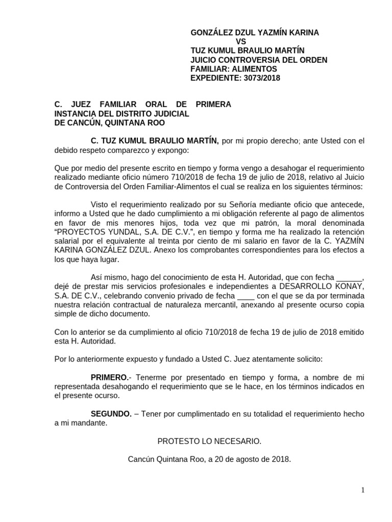 Modelo Contestación Oficio Alimentos | PDF