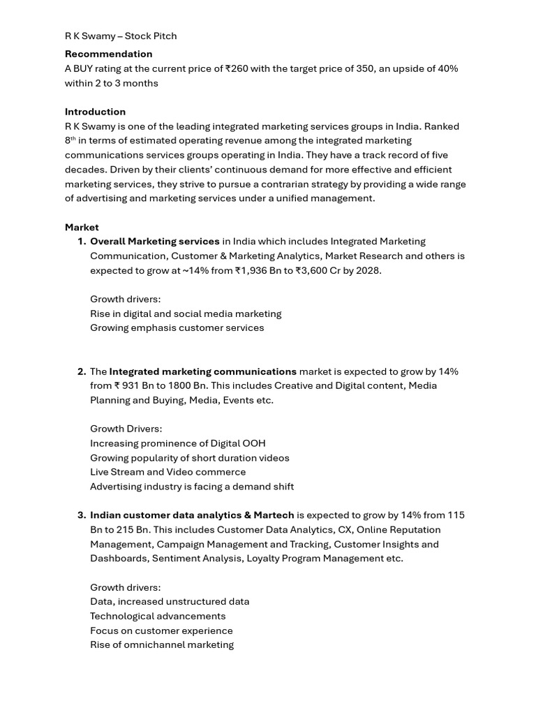 R K Swamy - Stock Pitch | PDF