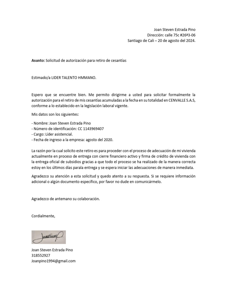 Carta Solictud de Cesantias Joan Steven Estrada Pino | PDF