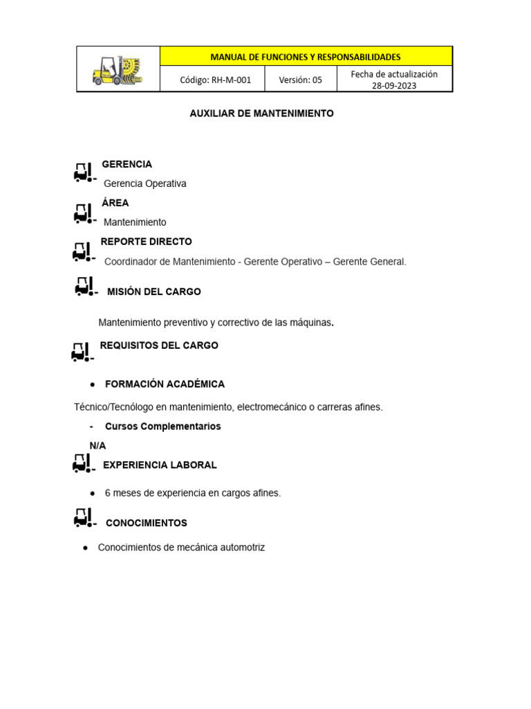 RH-M-001 MANUAL DE FUNCIONES AUXILIAR DE MANTENIMIENTO.docx | PDF