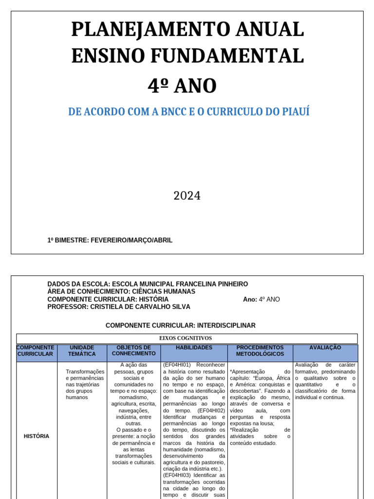 Plano de Aula 4 Ano Primeiro Bimestre | PDF