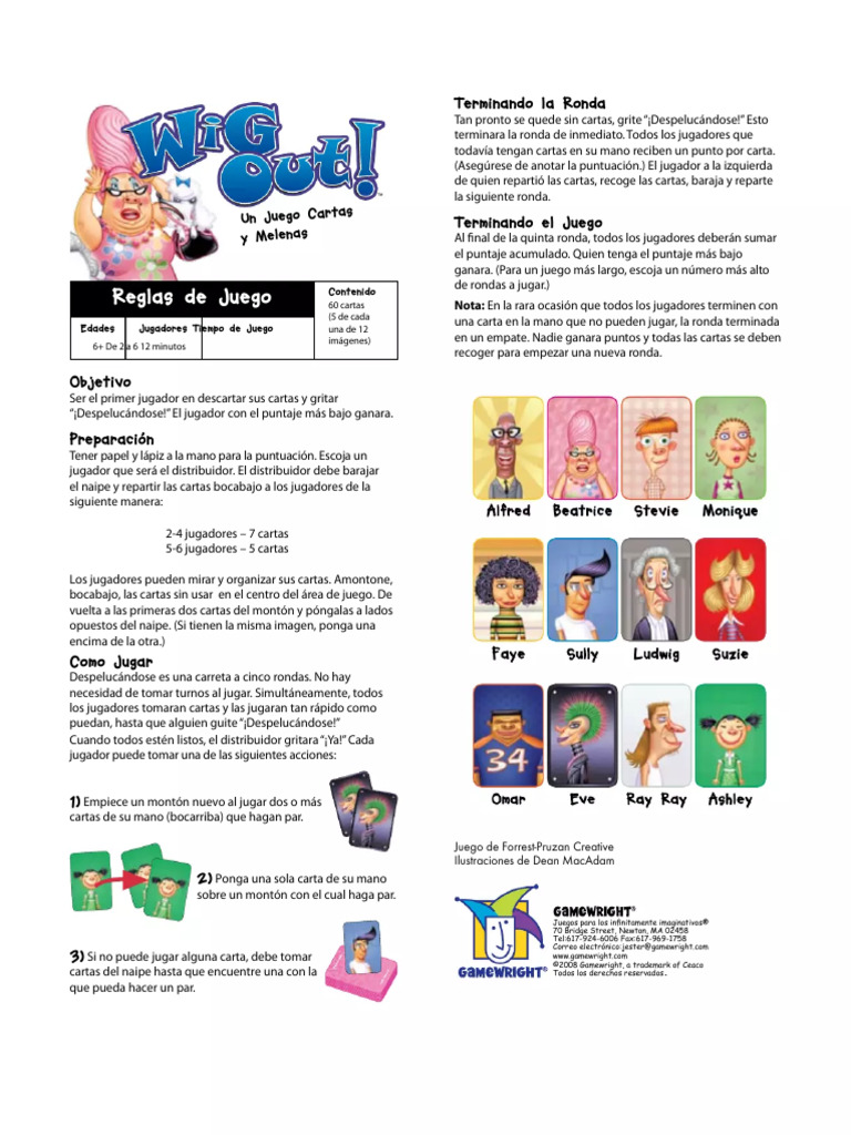 Manual de Usuario Gamewright Wig Out! (Español - 2 Páginas) | PDF | Juegos de mesa | Juego de azar