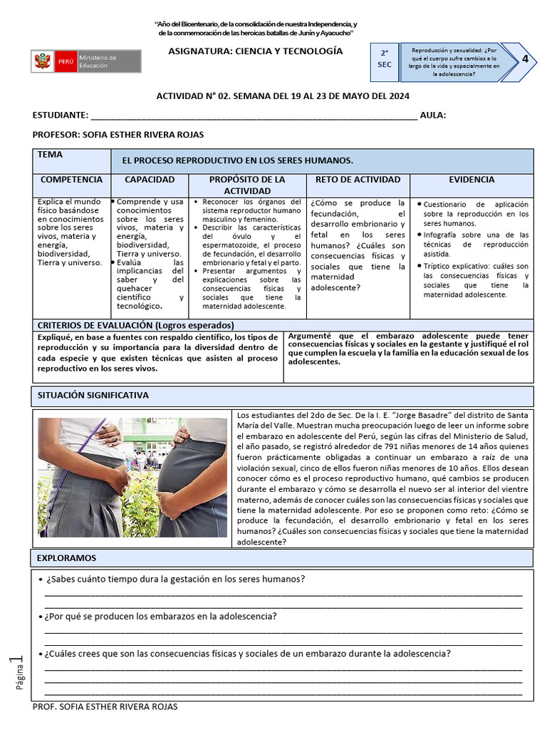 2°Sec - UNIDAD 3 - ACTIVIDAD 2 (CyT Explica 2024) - El proceso reproductivo de los seres humanos ...