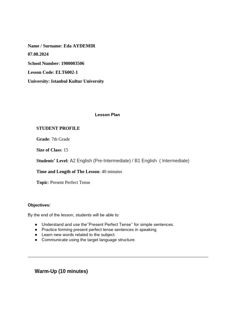 Present Perfect Tense Lesson Plan | PDF