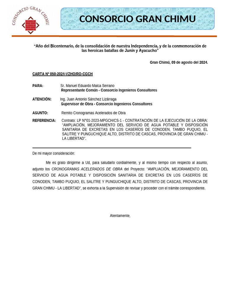 Carta N°050-2024-VZHO-CRONOGRAMAS ACELERADOS | PDF