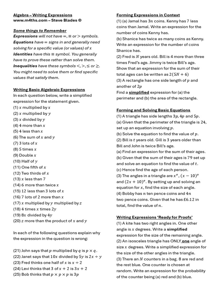 Forming Algebraic Expressions | PDF