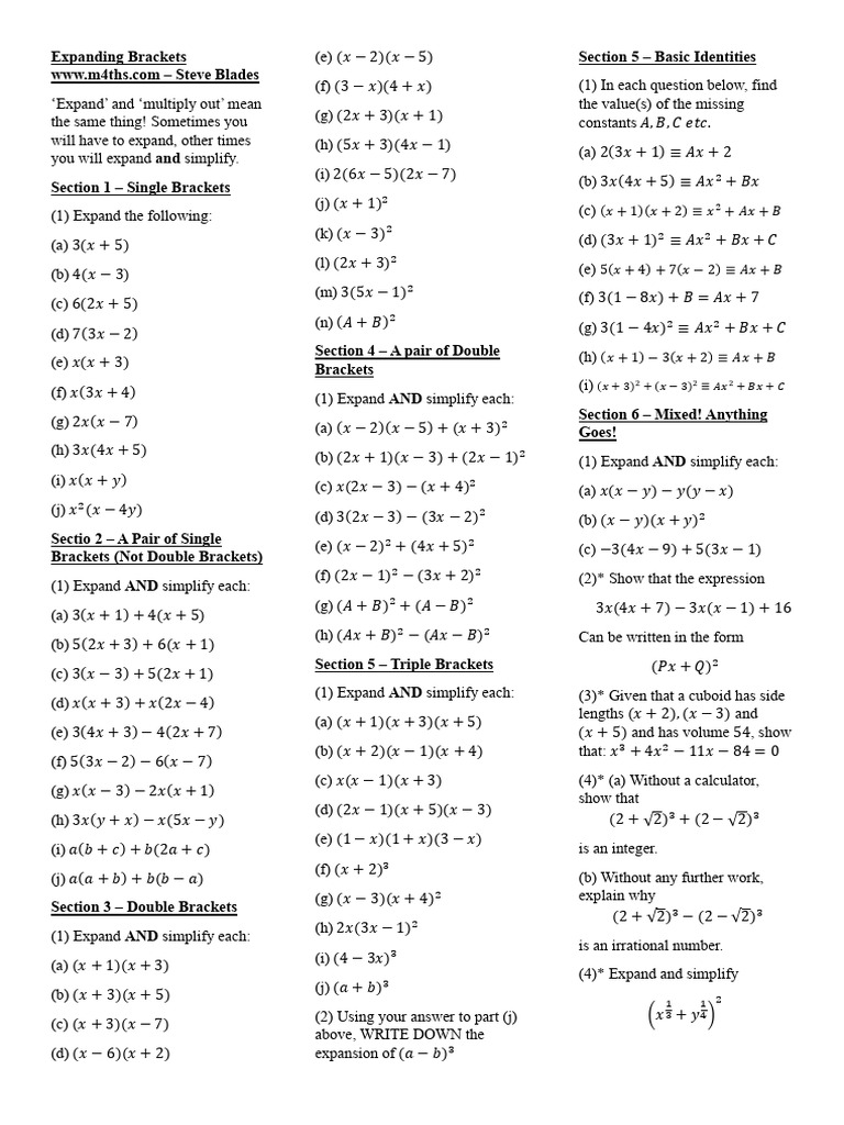 Expanding Brackets Practice Set | PDF