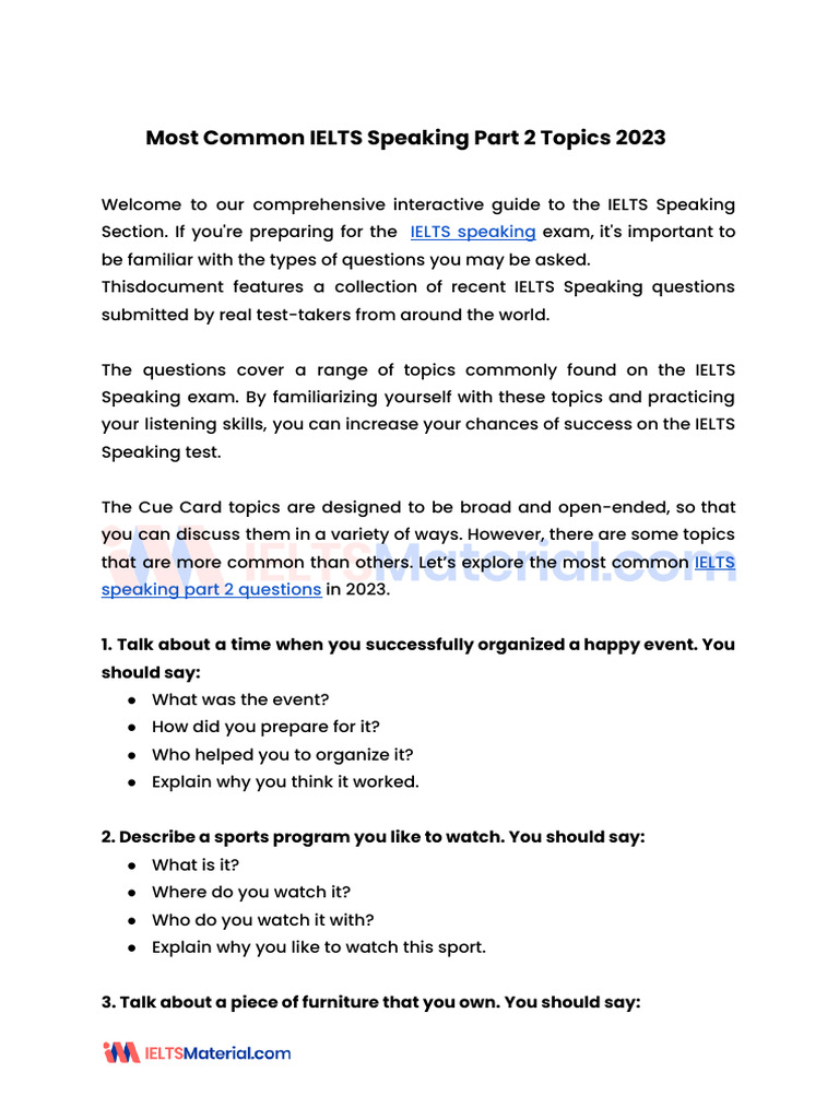Most Common IELTS Speaking Part 2 Topics 2023 | PDF | International ...