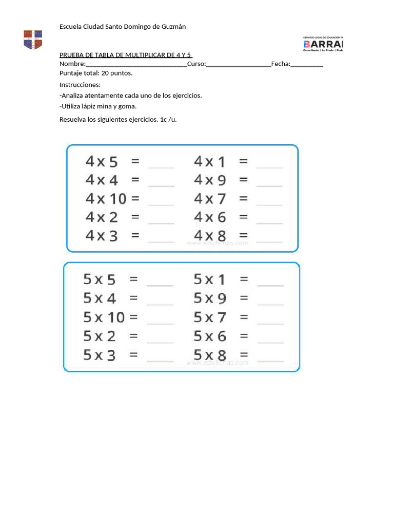 prueba de tablas de multiplicar del 4 y 5- | PDF