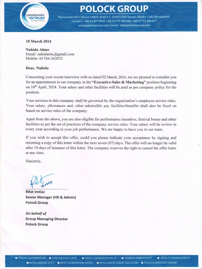 Offer Letter From Polock Group | PDF