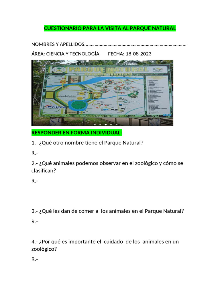Cuestionario Visita Al Zoologico | PDF