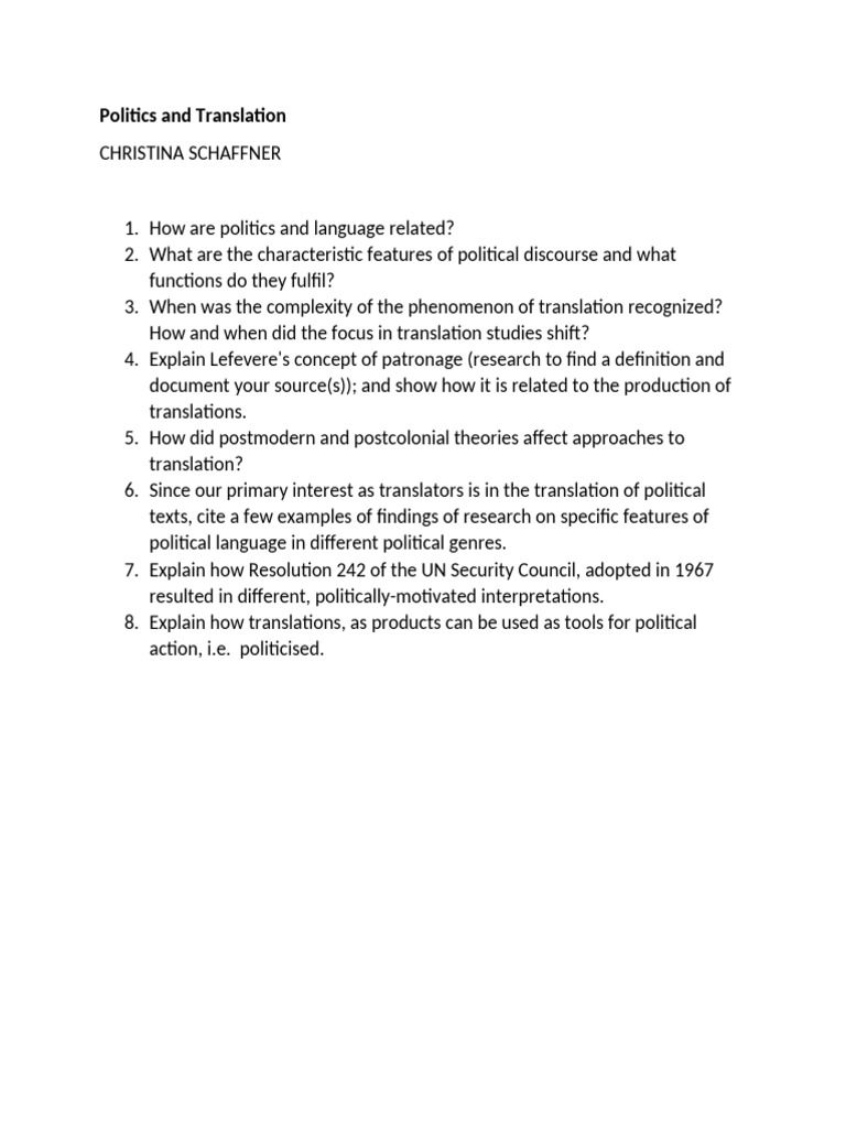 Politics and Translation-Questions | PDF