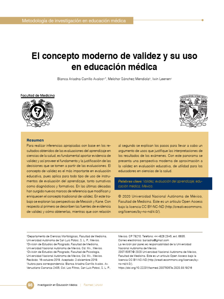 Carrillo Et Al. (2020) - El Concepto Moderno de Validez y Su Uso en Educación Médica | PDF