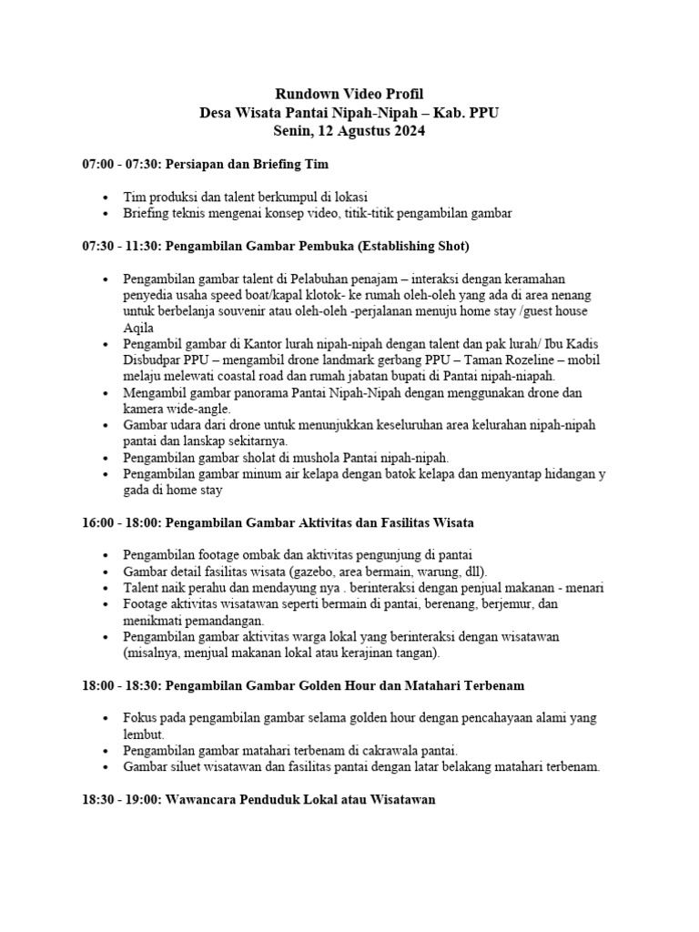 Rundown Teknis Shooting Video Pantai Nipah-Nipah | PDF
