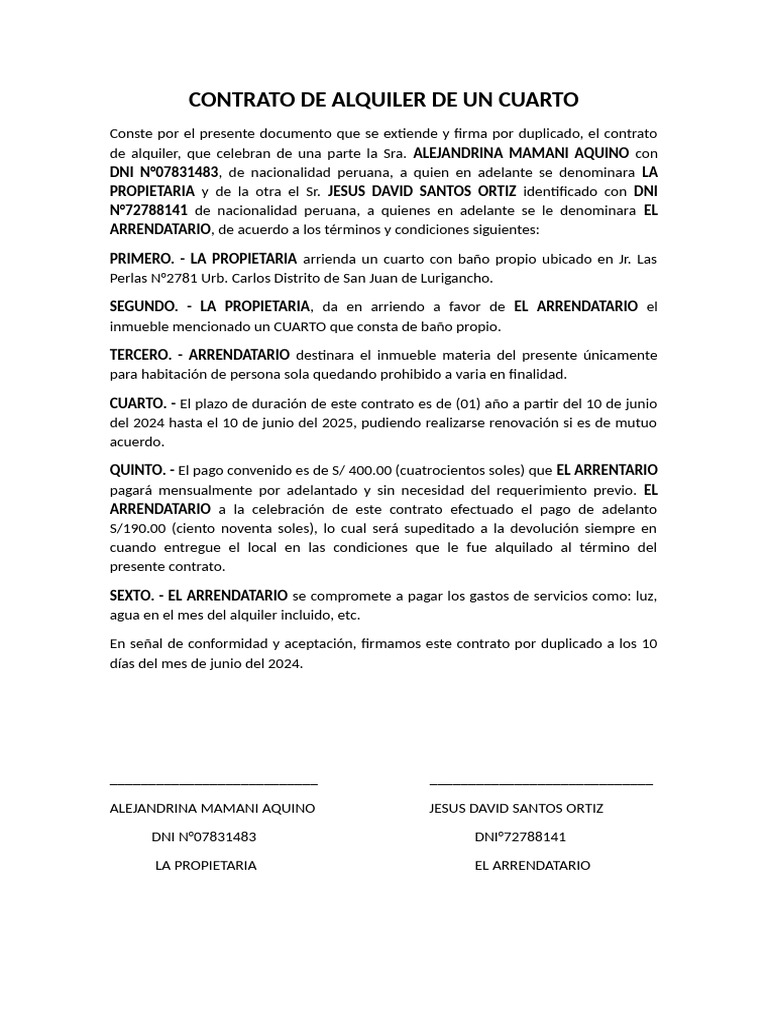 Contrato de Alquiler de Un Cuarto | PDF