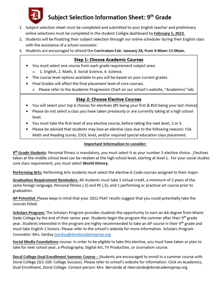 9 TH Grade Subject Selection Form | PDF