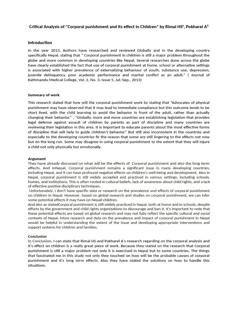 Critical Analysis No. 1 Rewrite | PDF | Corporal Punishment In The Home ...