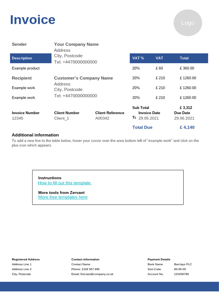 Dark Blue VAT Invoice Template | PDF