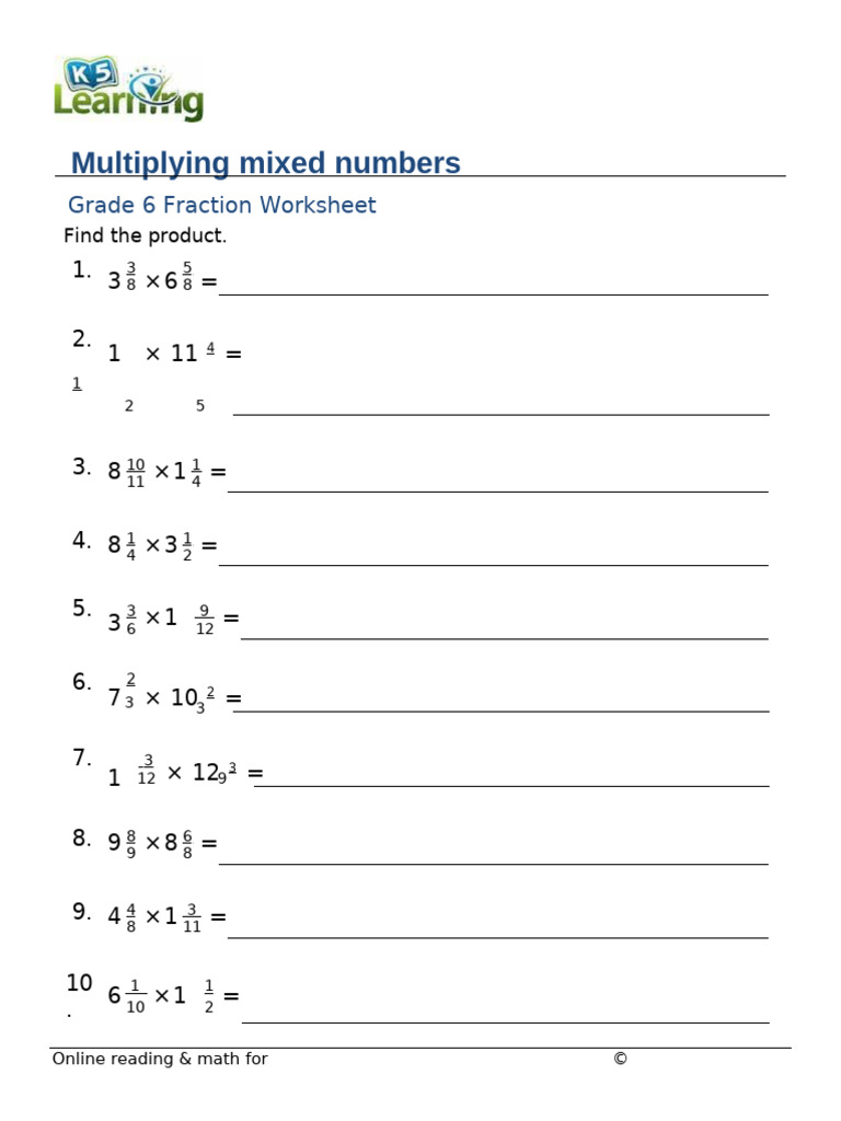 Grade 6 Mixed Numbers Multiplication | PDF | Mathematical Notation ...