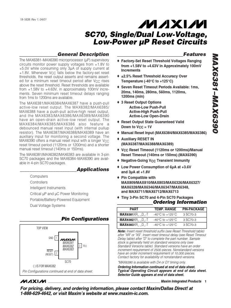 SC70, Single/Dual Low-Voltage, Low-Power P Reset Circuits: General ...