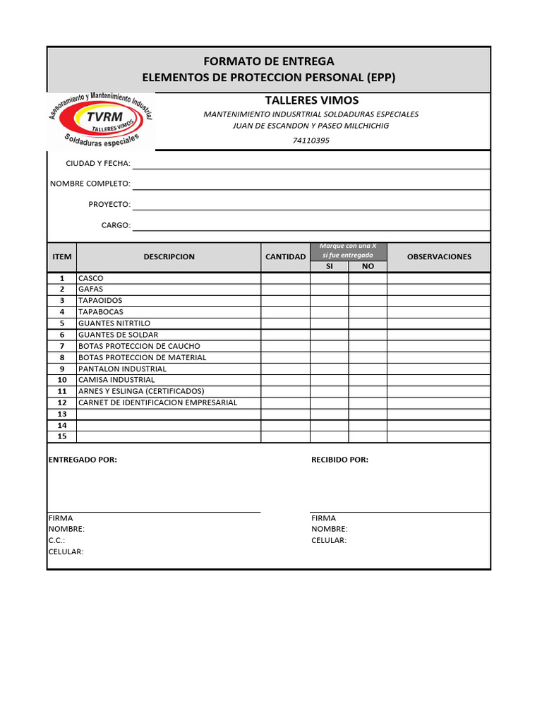 Formato - Entrega - Epp Talleres Vimos | PDF