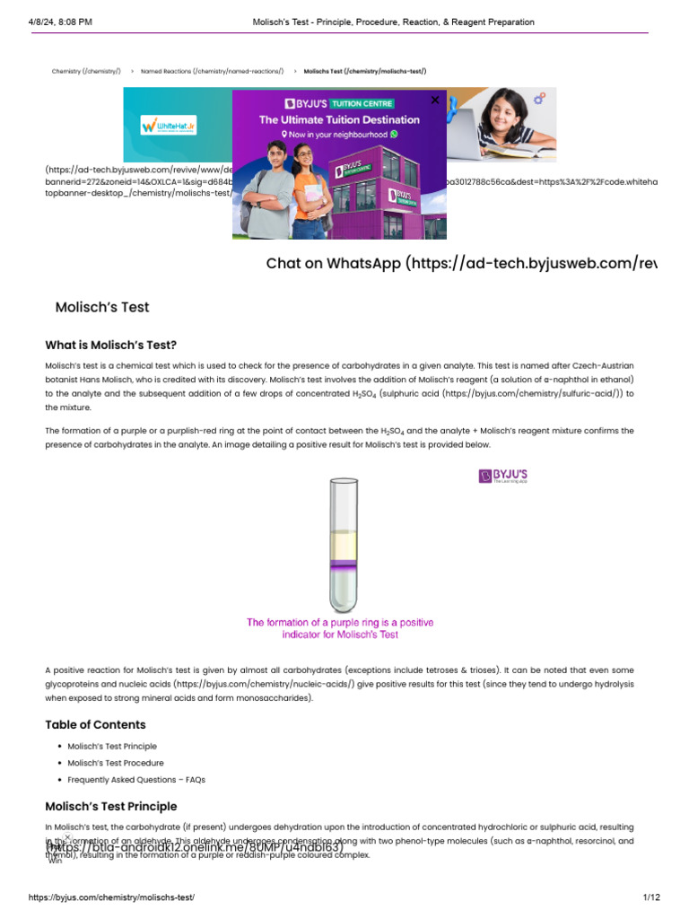 Molisch's Test - Principle, Procedure, Reaction, & Reagent Preparation ...