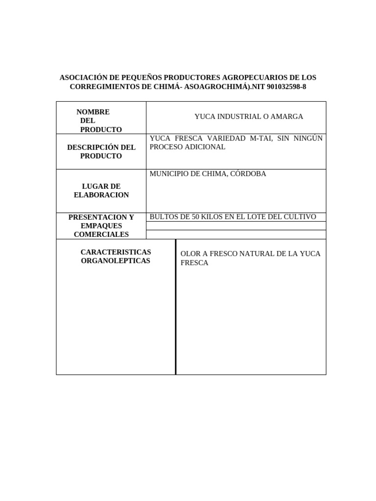 Ficha Tecnica de Producto Agricola Asoagrochimá Yuca | PDF