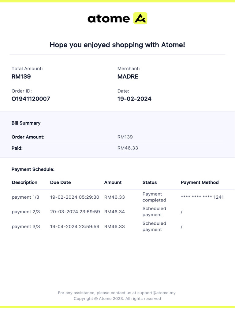 Atome E-Receipt O1941120007 | PDF