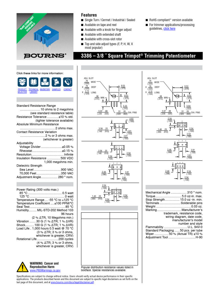 3386 - 3/8 Square Trimpot Trimming Potentiometer: Features | PDF