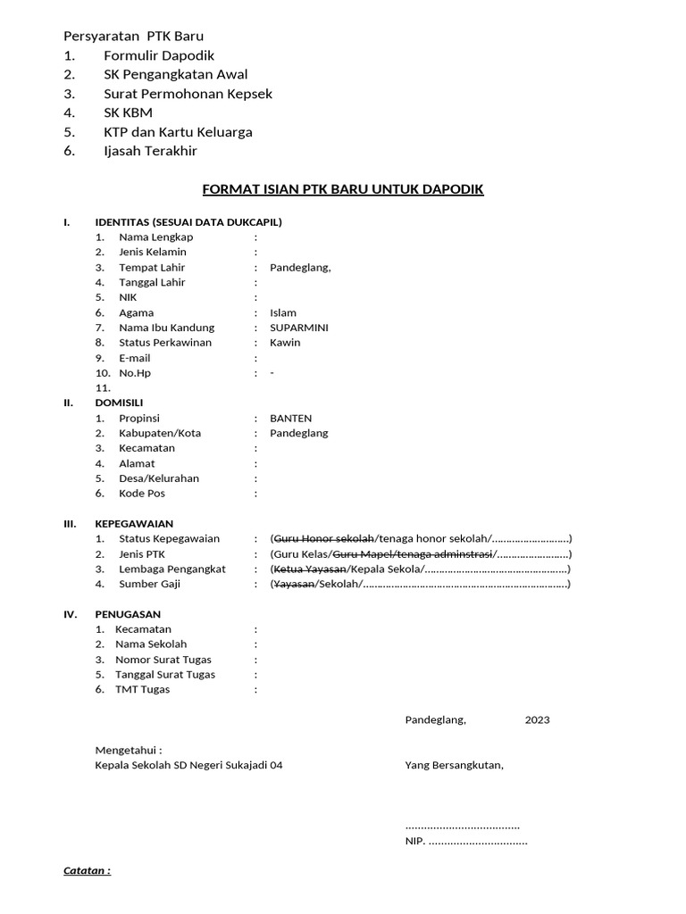 Format Isian PTK Baru | PDF