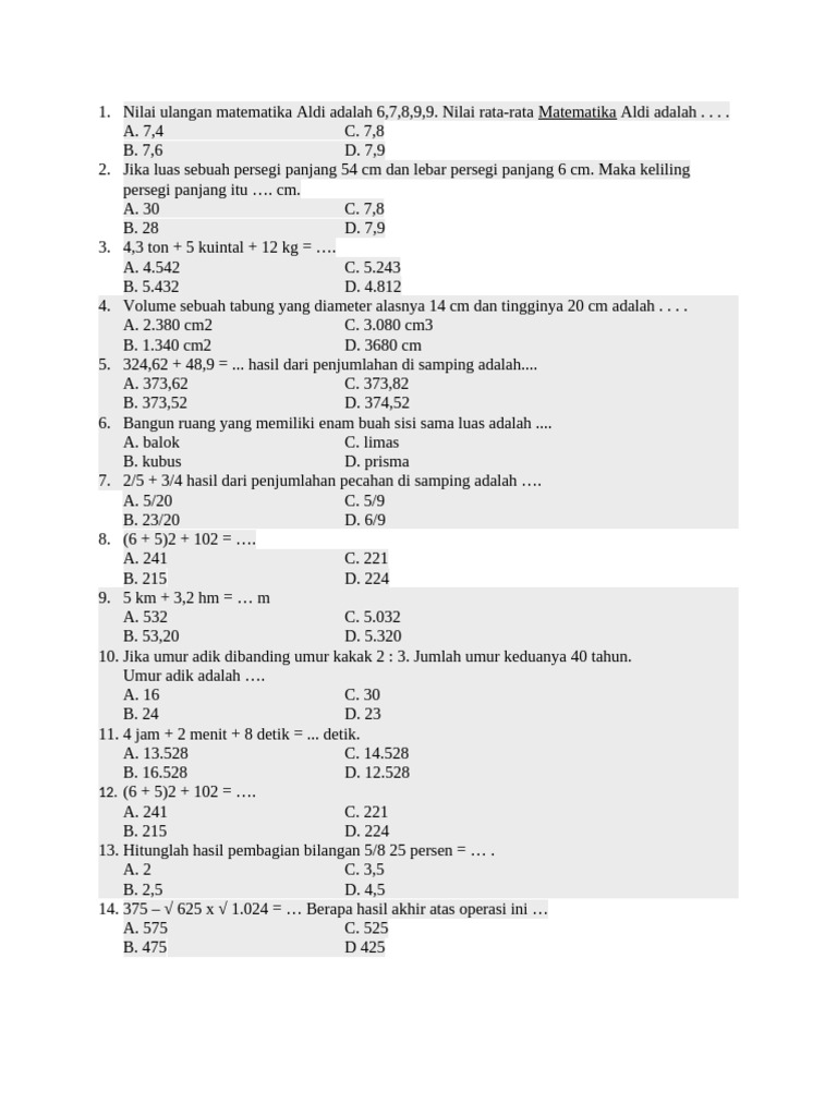 Ulangan Harian MTK Kls 5 | PDF