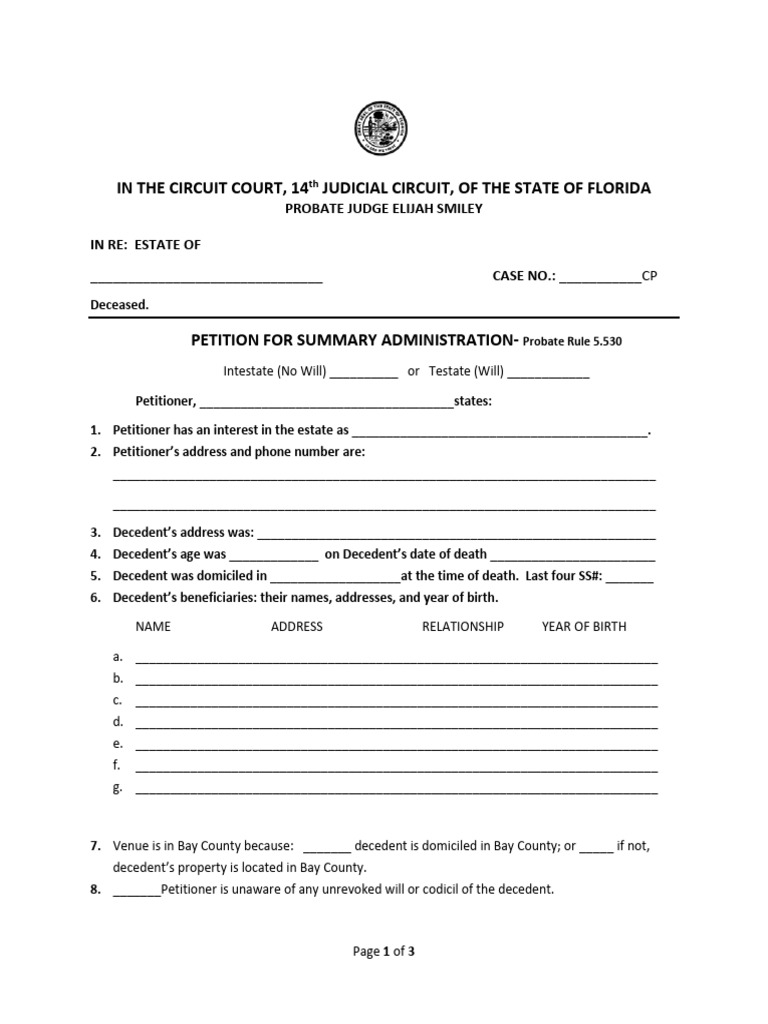 PETITION FOR Summary Administration Fillable 2020 | PDF