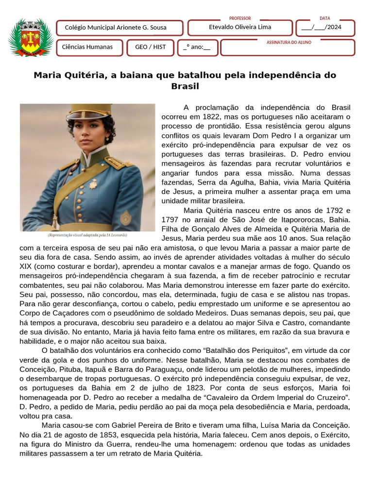 Atividade de História 8º II Unidade - Maria Quitéria | PDF