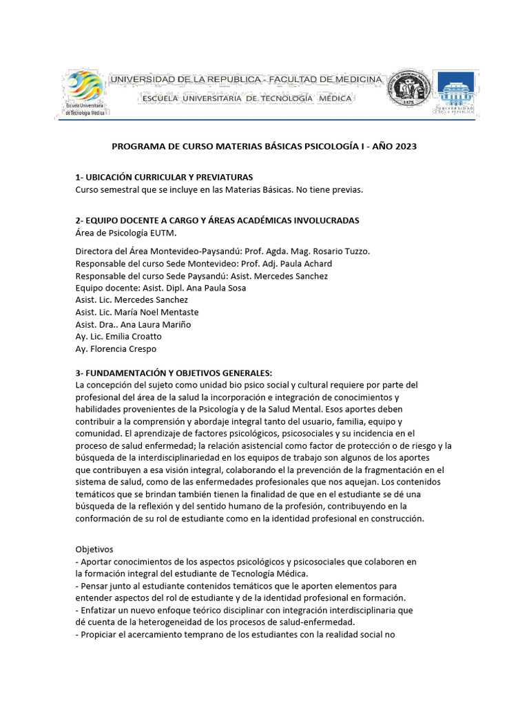 Programa de Curso Materias Básicas Psicología I 2023-2 | PDF