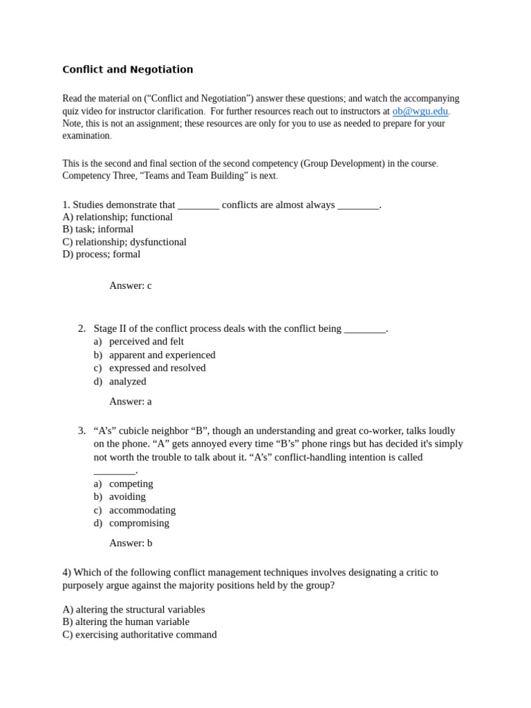 Conflict and Negotiation Multiple Choice Questions | PDF