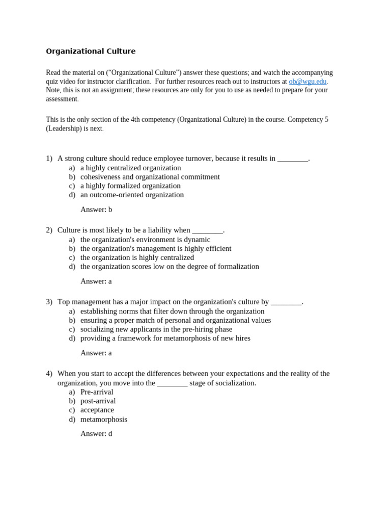 Organizational Culture Multiple Choice Questions. Jan2023 | PDF