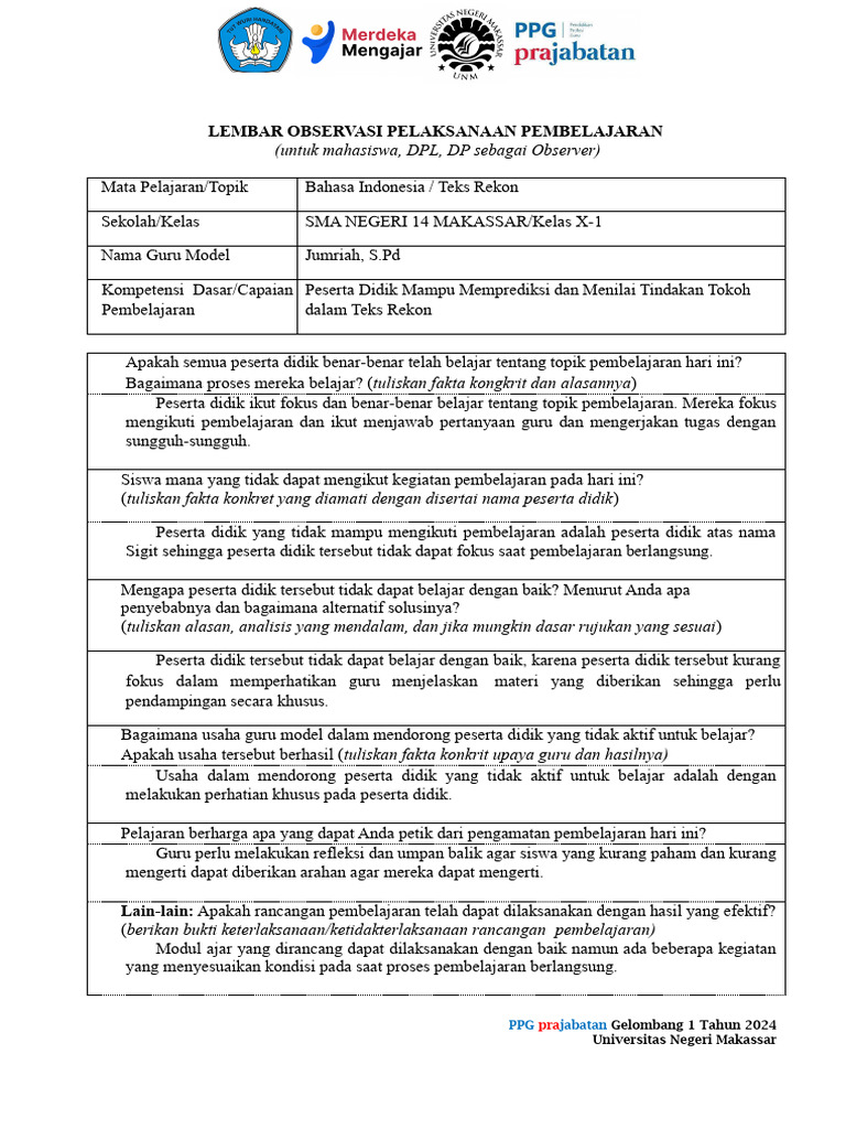Topik 3 - LK 4 - Observasi Pelaksanaan Pembelajaran Ke-1 | PDF
