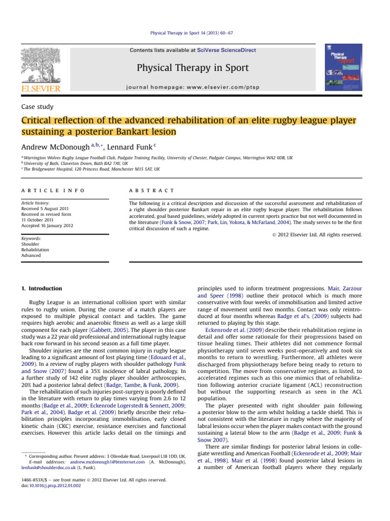 Critical Reflection of The Advanced Rehabilitation of An Elite Rugby ...