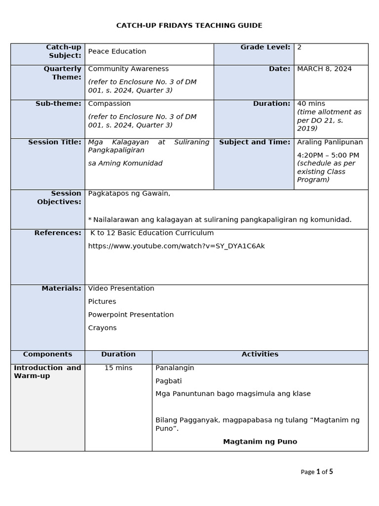 Grade2 Peace Education Catch Up Friday | PDF