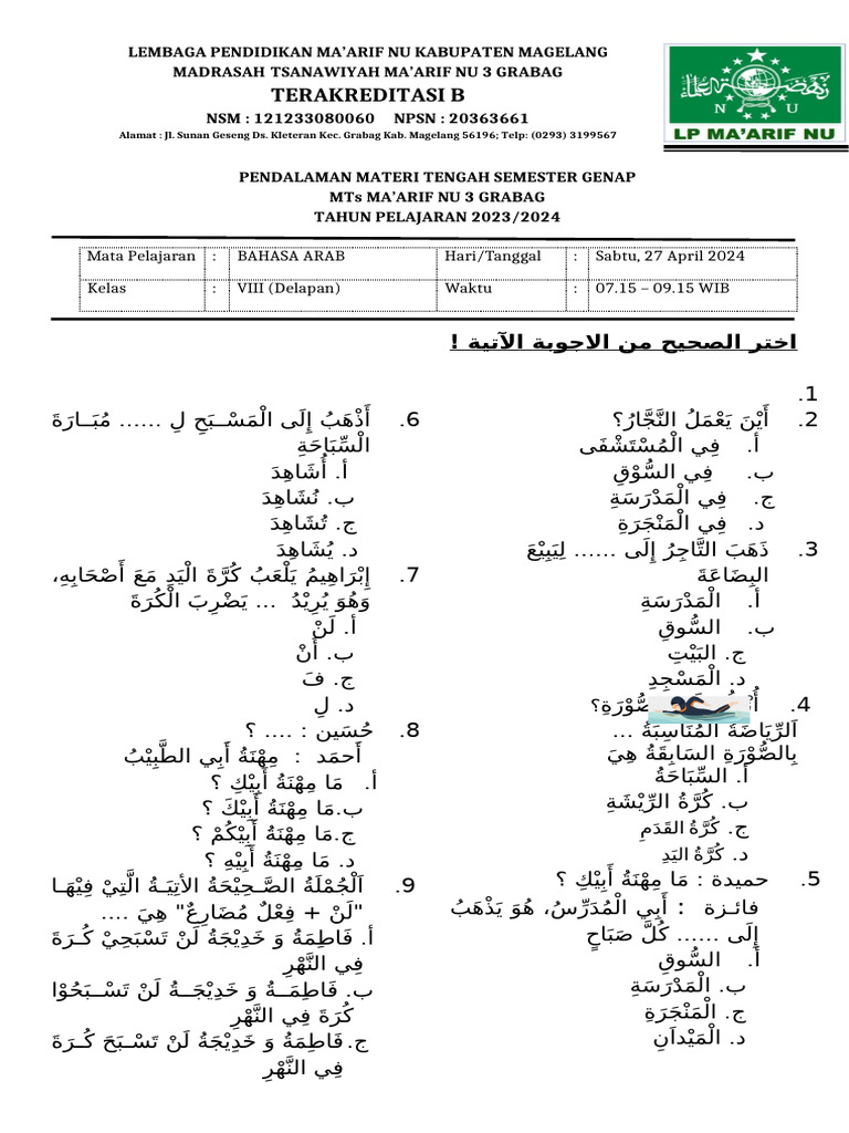 Soal PHB Bahasa Arab Genap 2024 Kelas 8 | PDF