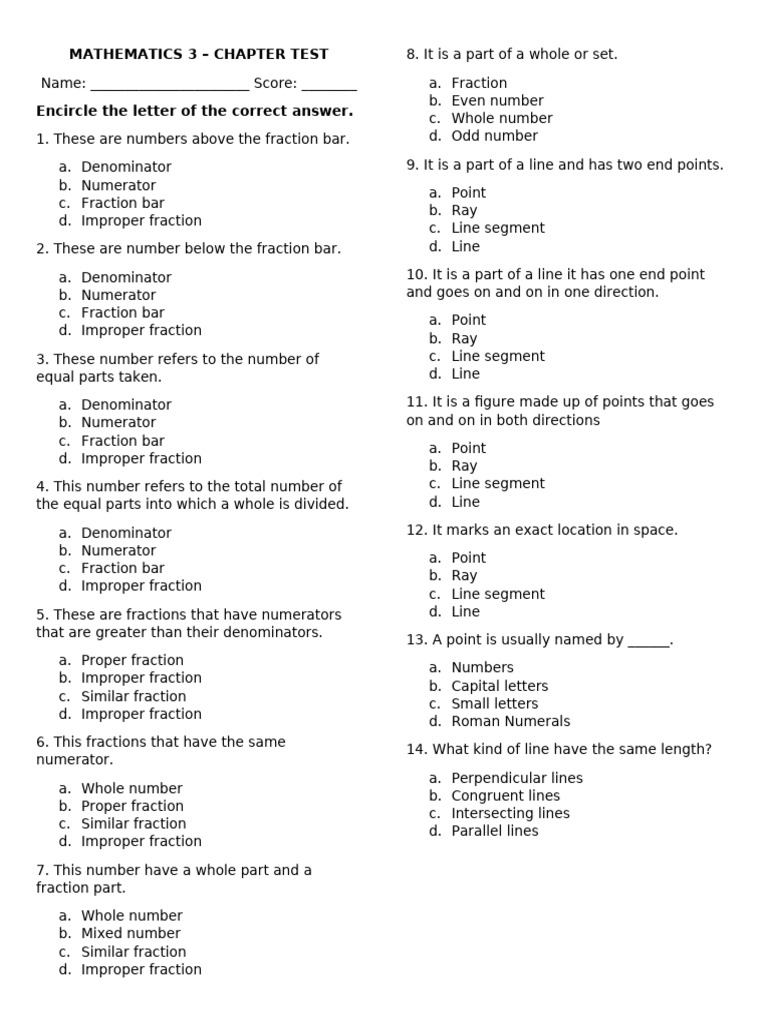 Math 3 Chapter Test: Fractions & Lines | PDF | Perpendicular | Numbers