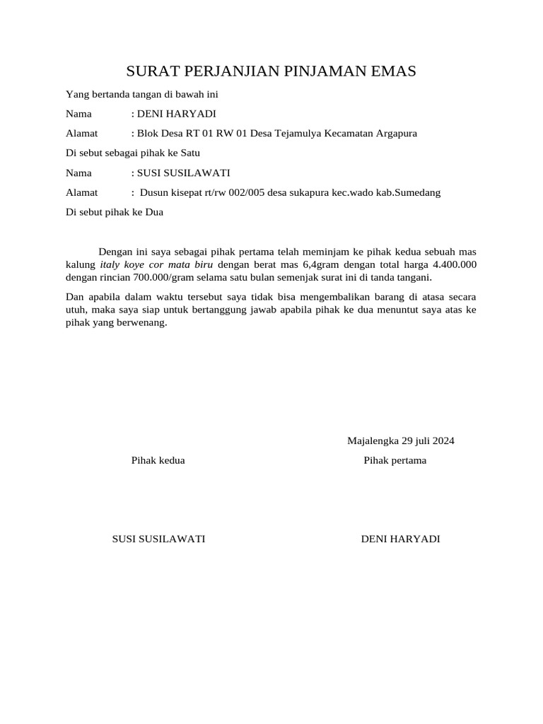 Surat Perjanjian Pinjaman Emas | PDF