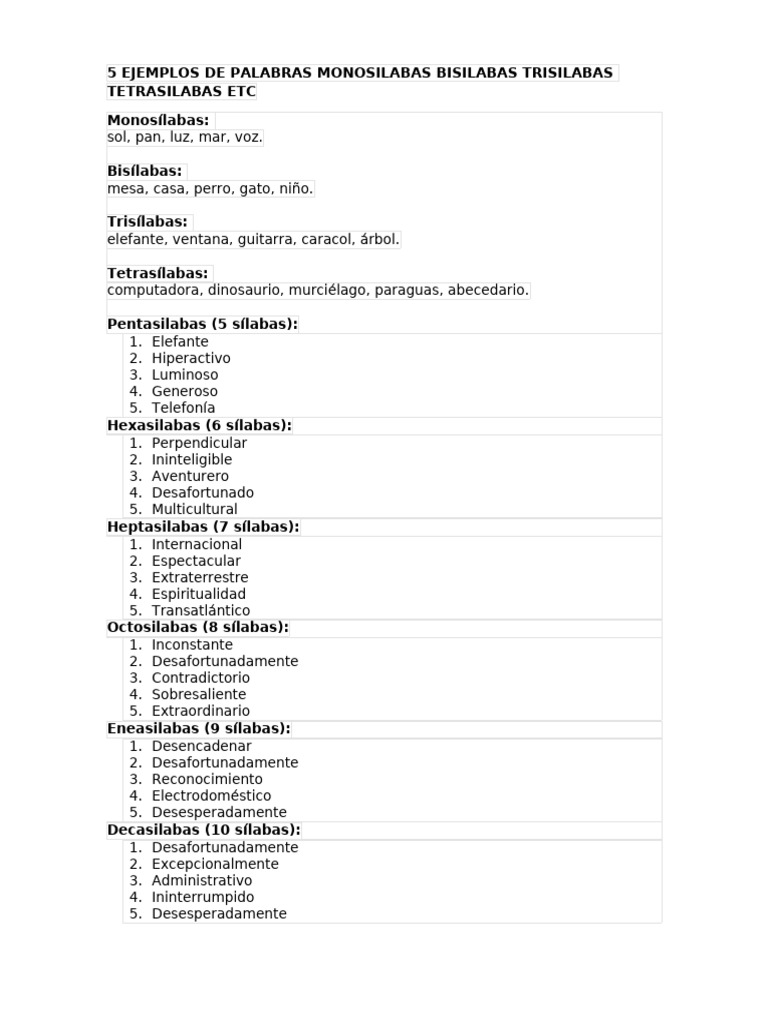 5 Ejemplos De Palabras Monosilabas Bisilabas Trisilabas Tetrasilabas Etc Pdf 